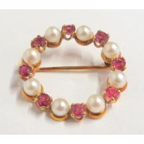 Ruby & Pearl 9ct Yellow Gold Circlet Brooch