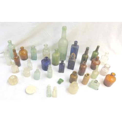 Small Dug Bottles, medicine bottles, blue, stoneware, glass, brown etc ...