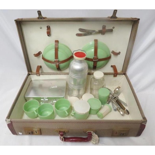 Vintage Picnic Hamper containing flask, lunch box & green cups & saucers