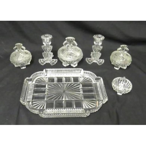 Art Deco Moulded Glass Dressing Table Tray with 3 covered bottles, pair ...