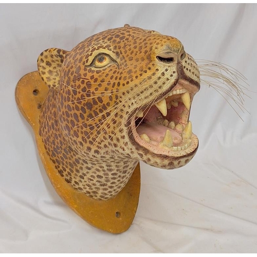 Carved Wooden Leopards Head on shield shaped mount approx. 43cm H ...