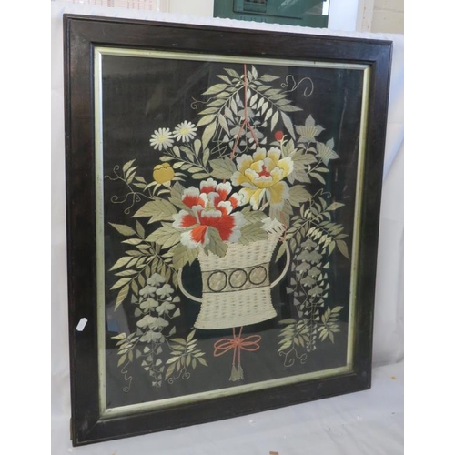 F/g Embroidery Still Life study of flowers in wicker basket, approx ...