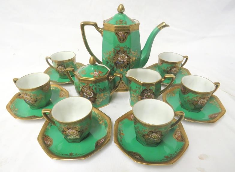 Green Gilt & Enamel Decorated Noritake Coffee Set 6 cups, saucers ...