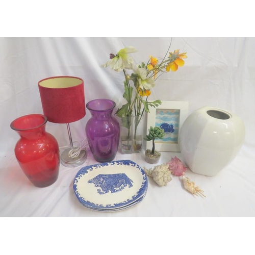 English Ironstone Bull Beef Steakplates, red glass vase, purple glass ...