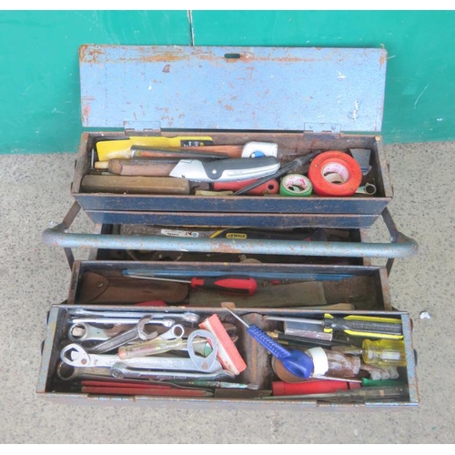Enox Blue Cantilever Toolbox containing Stanley knives, tape measures etc.