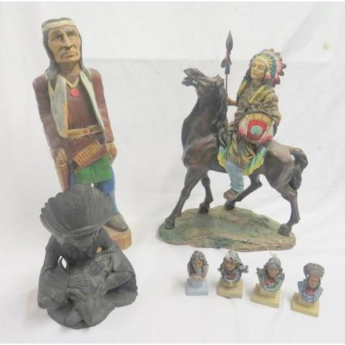 First Nation/Red Indian Figures, chief seated etc. approx. 44cm H, 49cm ...