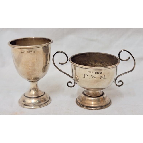 Small Silver 2 Handled Trophy Cup dated 3/5/24 & Silver Egg Cup/Trophy (2)