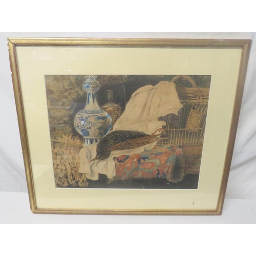 F/g Watercolour Still Life Dead Bird, Vase & Basket on table, labelled ...