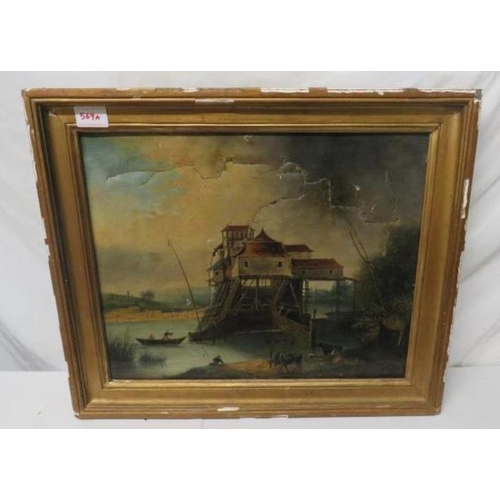 Oil on Canvas, A/f, river scene with building on stilts, figures on ...