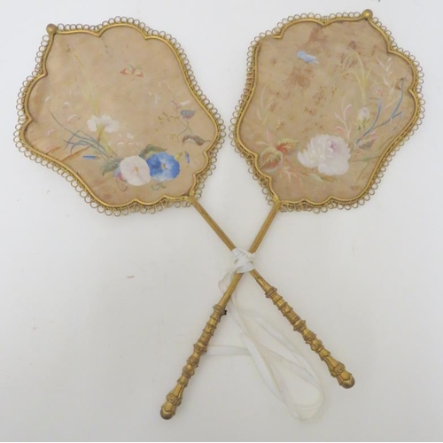 Pair of Ormolu Face Screens decorated with morning glory & butterflies (2)