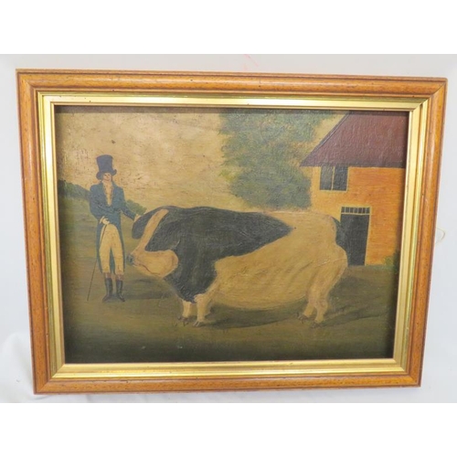 Framed Oil on Board Large Pig with Regency style gentleman, 50cm x 40cm ...