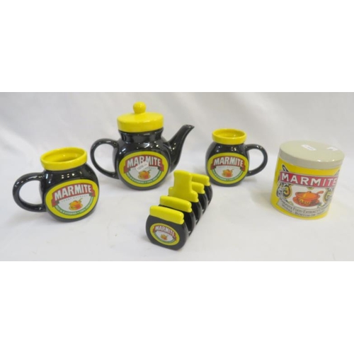 Marmite Teapot, mugs, toastrack & jar