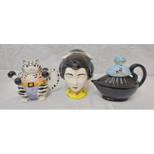 3 Novelty Teapots incl. head of a Geisha, weightlifting cat & genie in ...