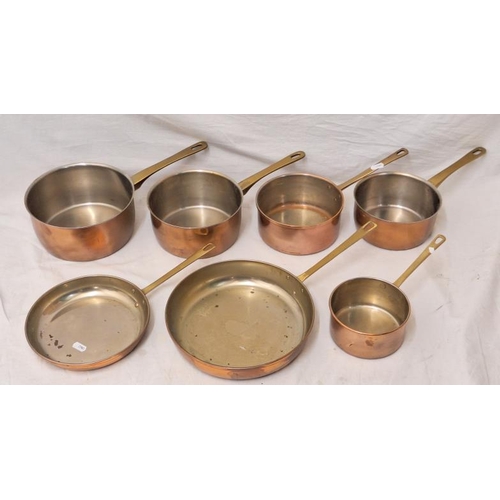 Set of 5 Graduated Copper Based Brass Handled Cooking Pans & 2 Matching ...