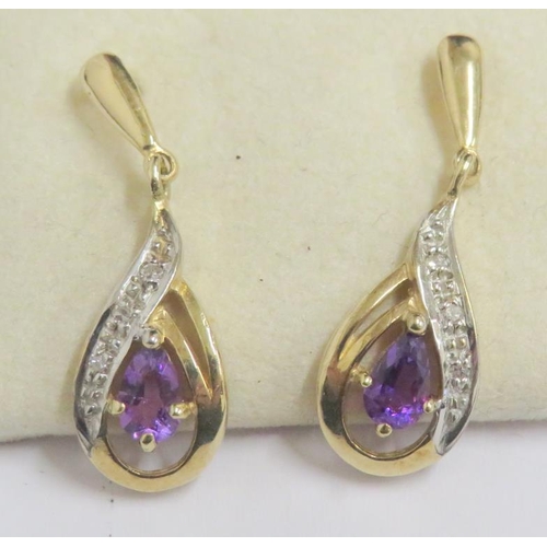 Pair 9ct Yellow Gold Amethyst & Diamond Point Drop Earrings TC1