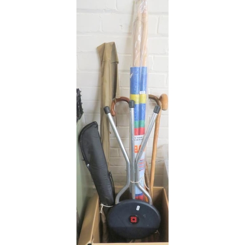 Windbreak, folding stool, 3 walking sticks, BCE snooker cue in case ...