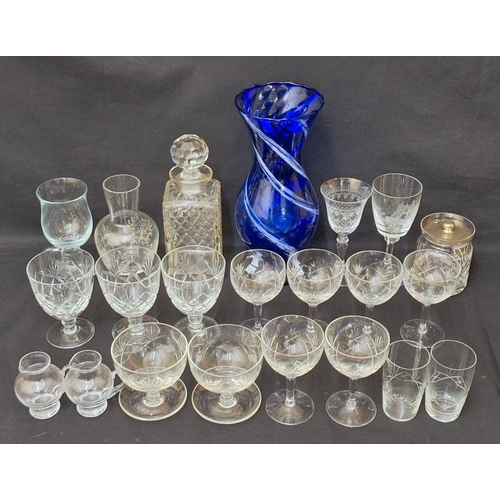 Large Blue Glass Vase approx. 28cm H, cut glass decanter, wine glasses ...