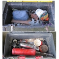 2 Tool Boxes containing clamps, plumbers mate, wrenches, Primus blow ...