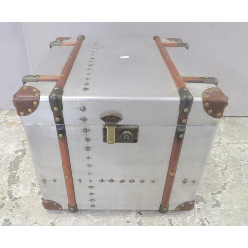 Leather & Wood Bound Trunk covered in sheet metal approx. 41cm W x 41cm ...