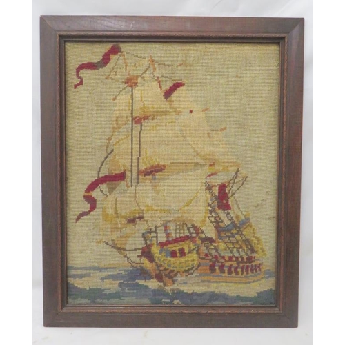 Framed Needlepoint Tapestry of sailing ship approx. 51cm W x 61cm H (LOBBY)