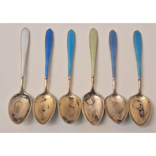 Set of 6 Sterling Silver Multi Coloured Enamelled & Gilded Teaspoons ...