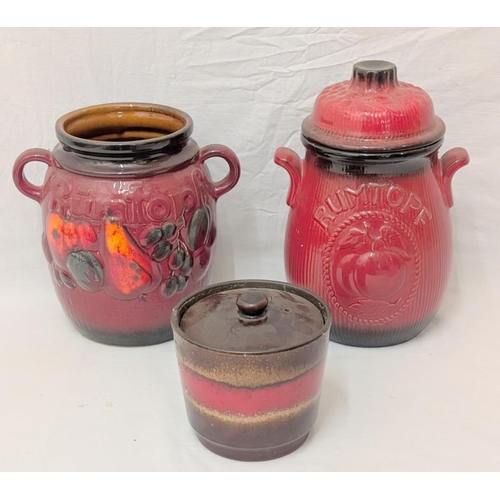 West German Pottery incl. 2 rumtopf (1 no lid) & brown & red plant pot (3)