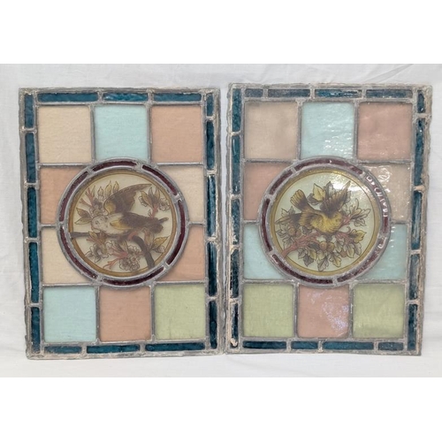 2 Leaded Coloured Glass Window Panes, both with circular central panels ...