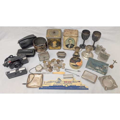 Vintage Sweet & Biscuit Tins incl. Huntley & Palmer, 2 English pewter hip flasks, small conquest vin