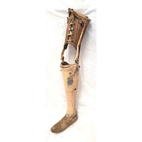 WW1 Prosthetic Metal Leg with leather harness approx. 81cm H, foot ...