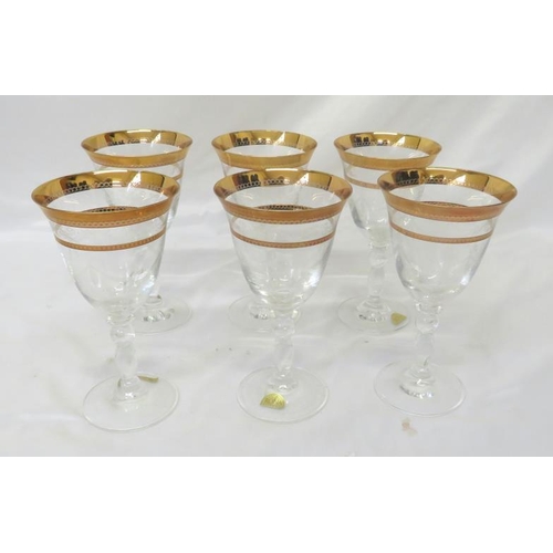 Set of 6 Gilt Rimmed Engraved Claret Glasses on slightly domed feet ...