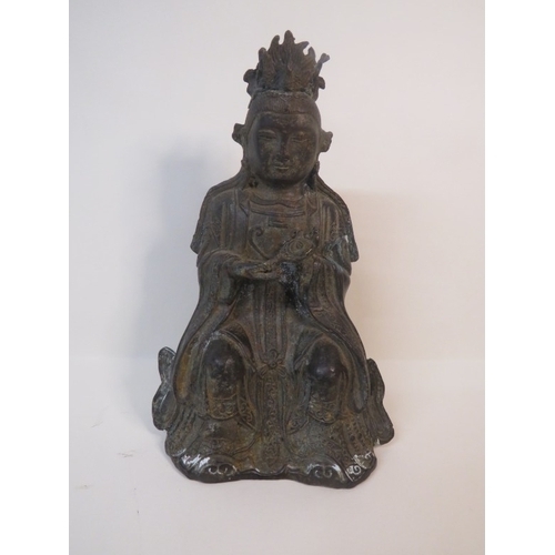 Chinese Bronze Figure seated deity wearing long robes on a double lotus ...