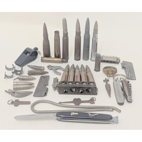 Spent Bullets, cartridges, clips, brass heart arrow brooch, Navy gents ...