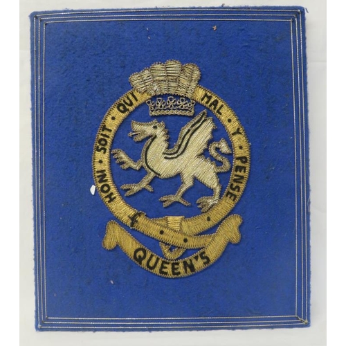 Mounted Embroidered Queens Regiment Badge approx. 32cm W x 37cm H (S9)