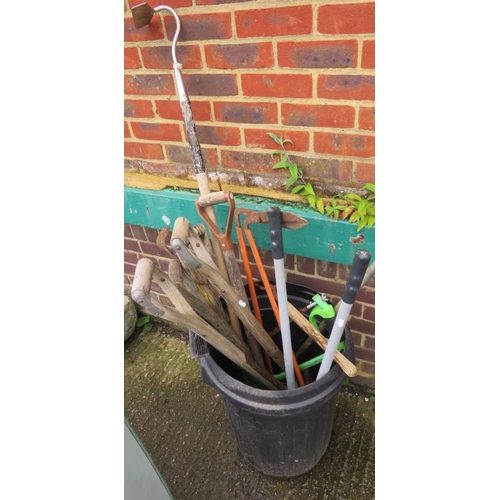 Black Plastic Dustbin containing garden tools incl. hedge trimmer ...