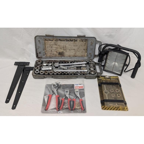 Halfords Socket Set, Halogen lamp, Workzone tap & die set, punch pliers ...