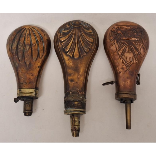 Copper Powder Flask with canons etc., copper powder flask with shell ...