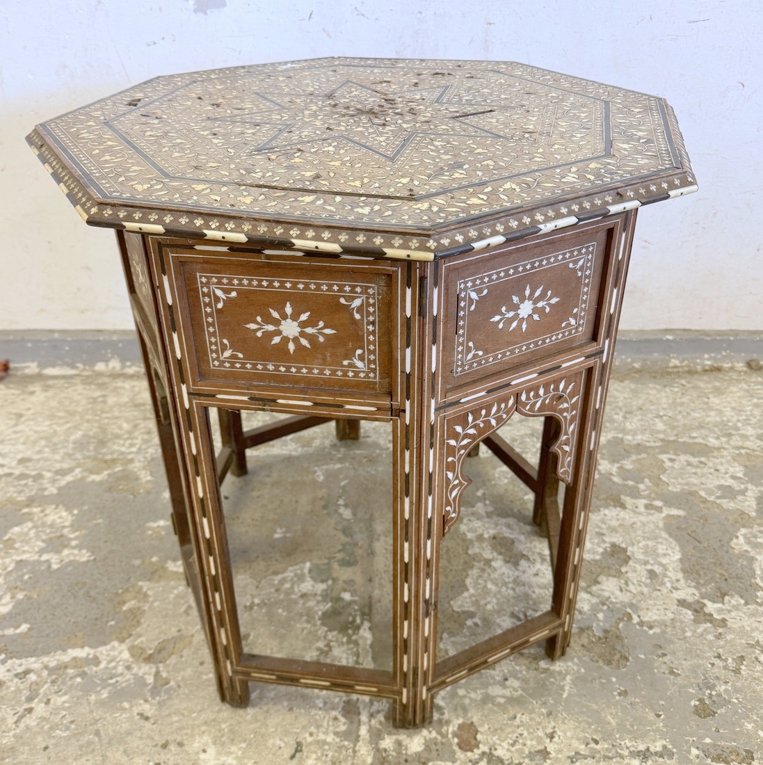 Indian Bone Inlaid Octagonal topped Side table with collapsible stand ...