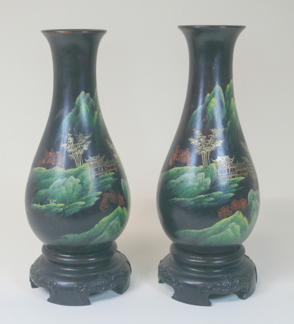 Pair Chinese Lacquer Ware Vases with stands, decorated with landscape ...