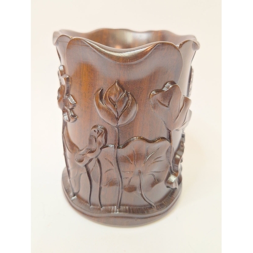 Chinese Hardwood Brush Pot, Bitong decorated with various plants ...