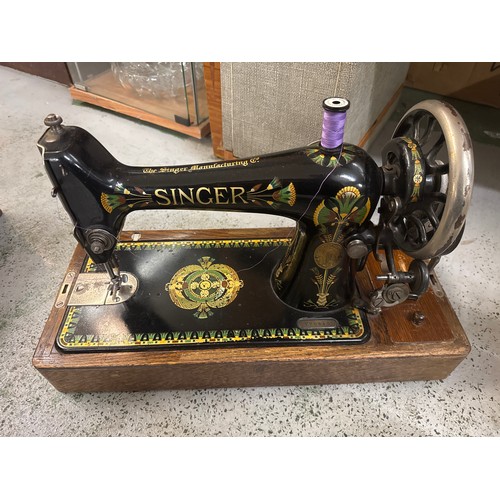 Antique Singer Hand Sewing Machine in wooden case decorated with floral ...