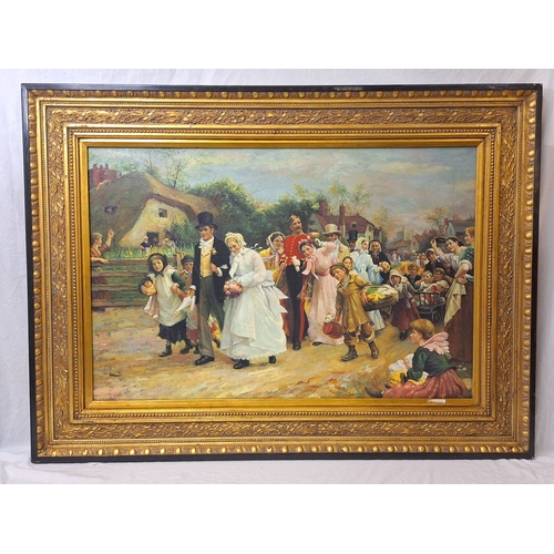 Large Framed Oil on Board, depicting a village wedding, approx. 116cm W ...
