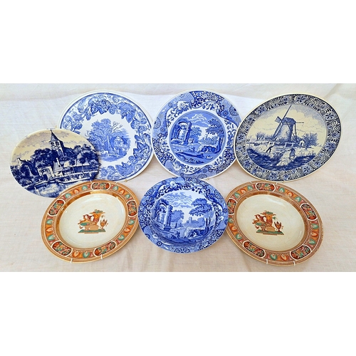 2 Blue & White Delft Pottery Wall Plates, 2 Spode plates, Italian fruit ...