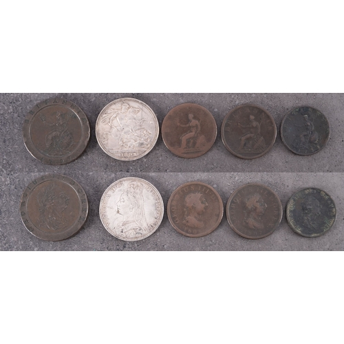 An 1891 crown, 1797 cartwheel two pence with three Georgian coppers.