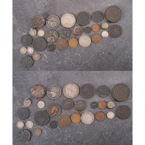 A collection of mixed coins including a cartwheel twopence.