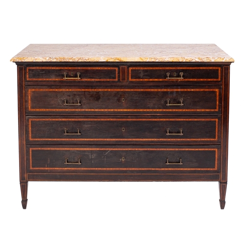 A French ebonised and crossbanded wood and marble topped commode, in ...