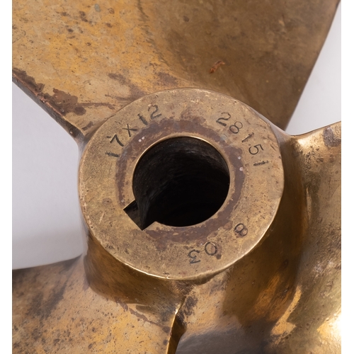A late 19th Century three blade bronze propeller. Serial number; 28151 ...