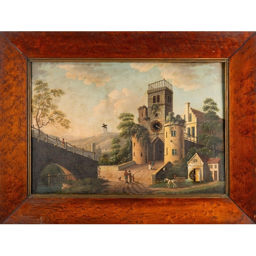 A Victorian automata clock, being a painting of a church in a landscape ...