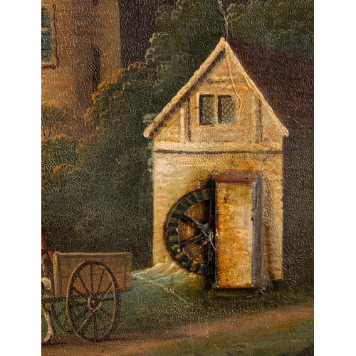 A Victorian automata clock, being a painting of a church in a landscape ...