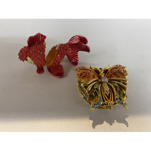 2 x Enameled, Jeweled & Hinged Trinket Boxes - Fish & Butterfly
