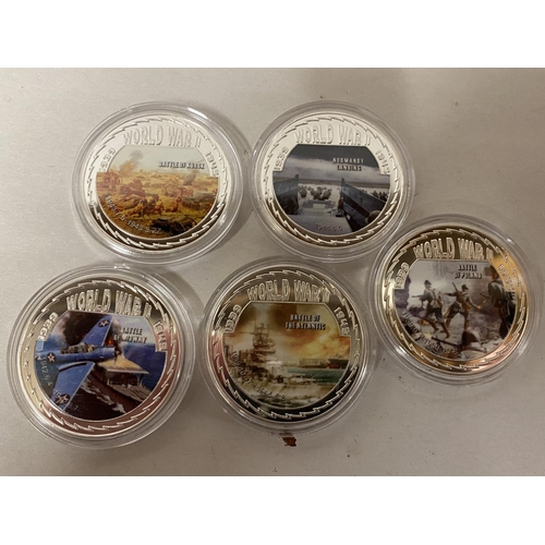 Set of 5 WW2 Battles Challenge Coins in Capsules with Pouch